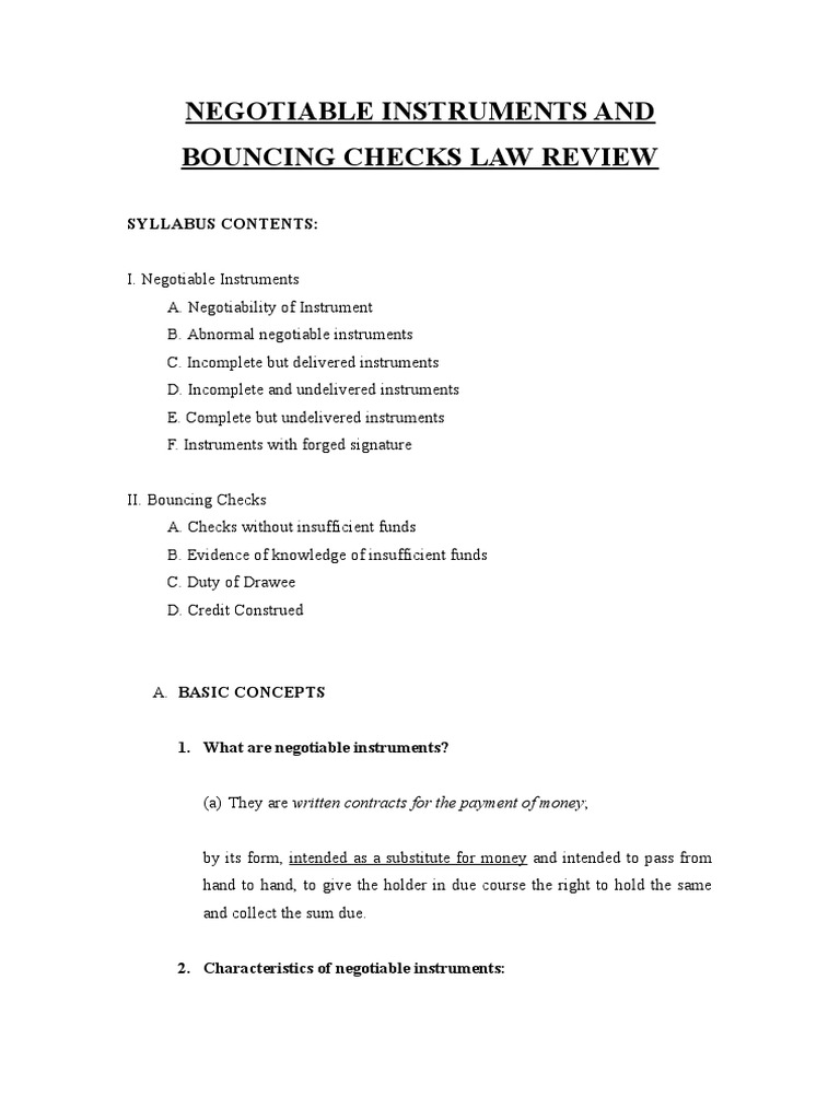 Negotiable Instruments and Bounc I NG Checks Law Review: Syllabus ...