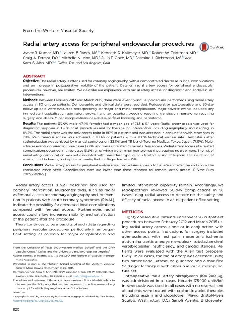 Radial Artery Access For Peripheral Endovascular Procedures | PDF ...