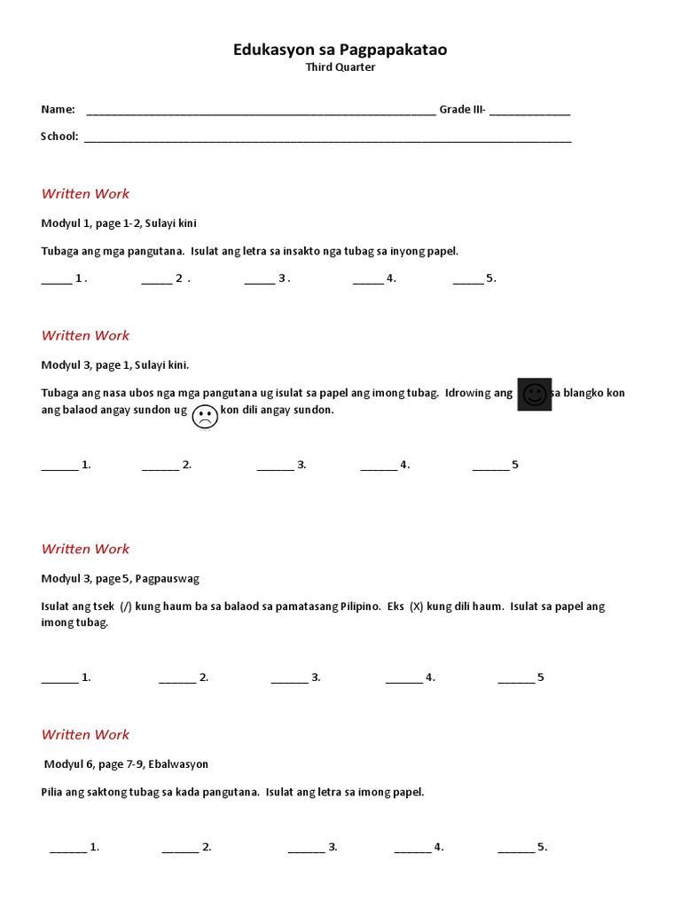 ESP Answer Sheet 3rd Quarter | PDF
