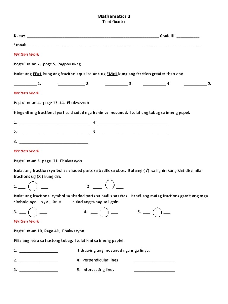 Mathematics 3 Answer Sheet 3rd Quarter | PDF