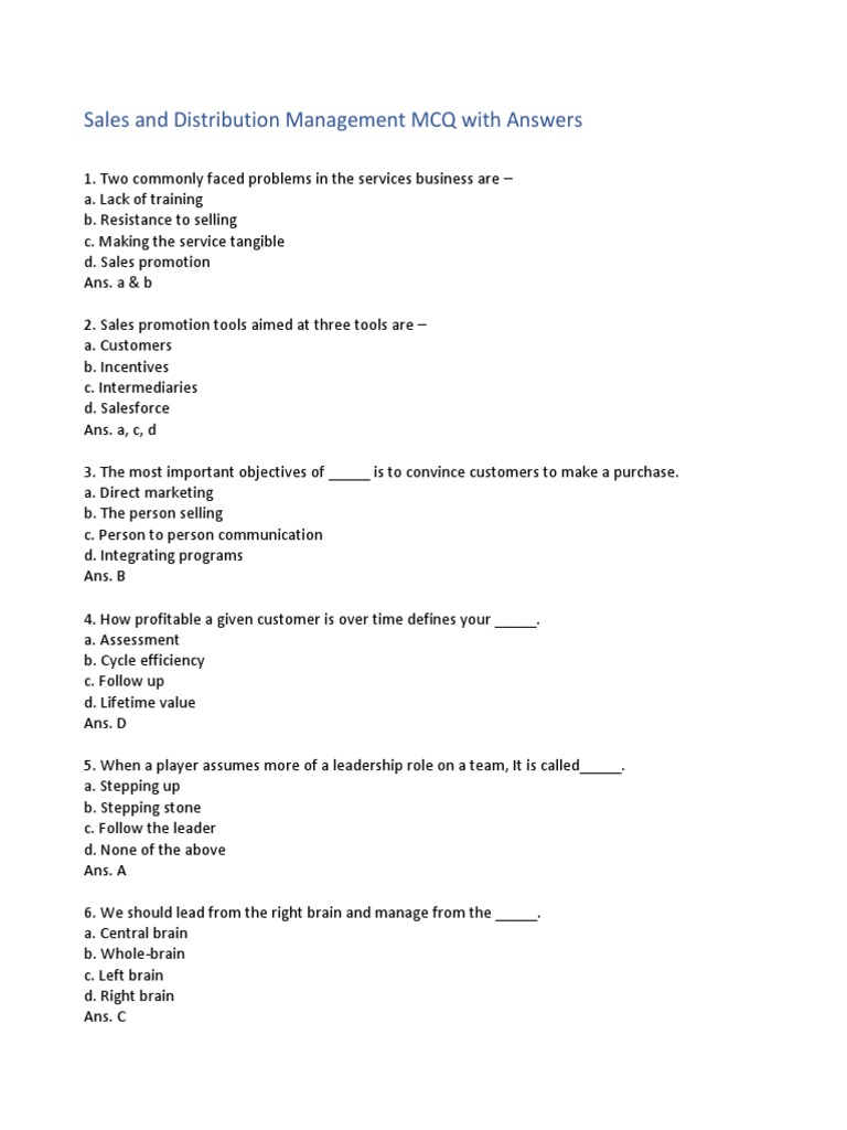 Sales and Distribution Management MCQ With Answers | PDF | Logistics ...