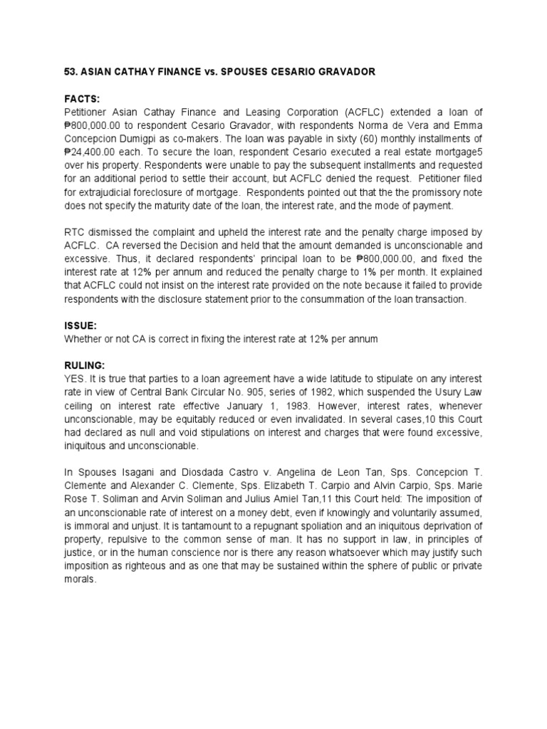 53) Asian Cathay Finance and Leasing Corporation vs. Gravador, 623 SCRA ...