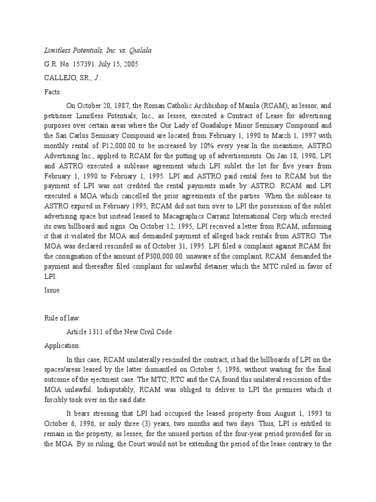 10 Limitless Potentials, Inc. vs. Quilala | PDF | Lease | Business Law