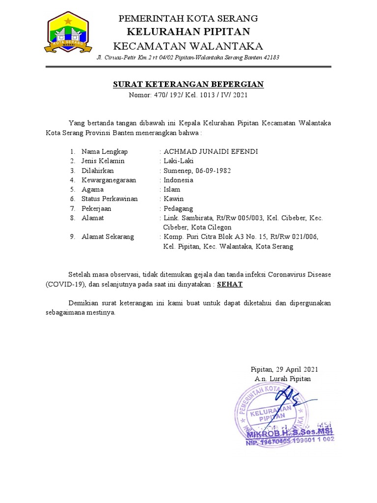 Surat Keterangan Bepergian Achmad Junaidi Efendi | PDF