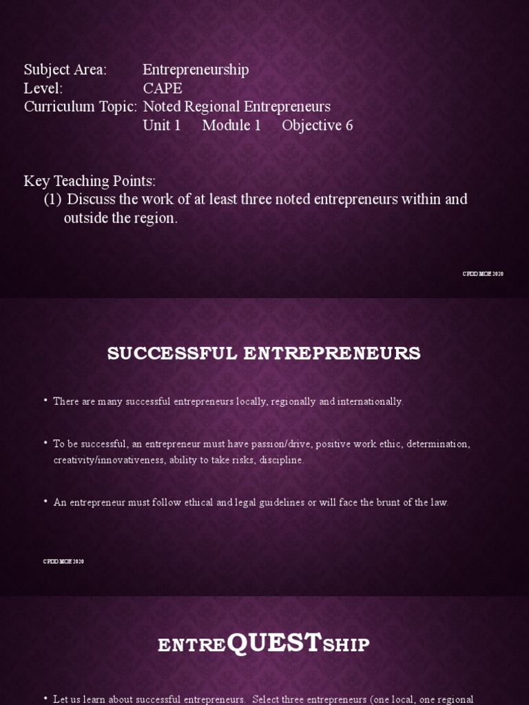 Subject Area: Entrepreneurship Level: Cape Curriculum Topic: Noted ...
