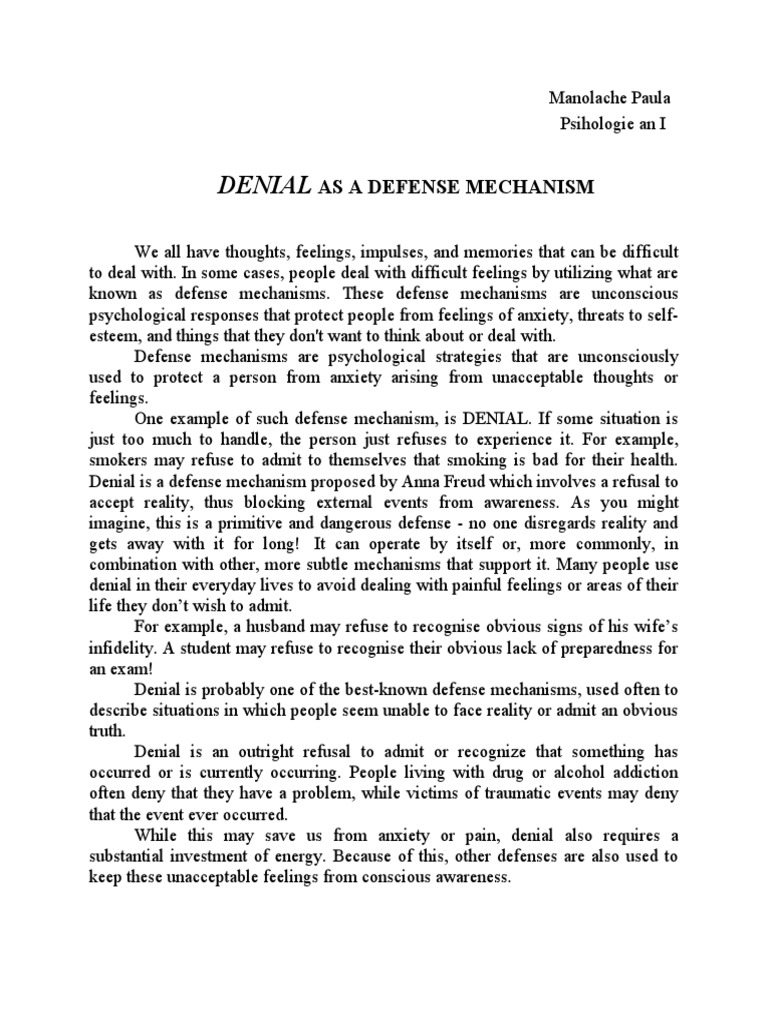 Denial - Defense Mechanism | PDF | Psychiatry Related Fields | Human Nature