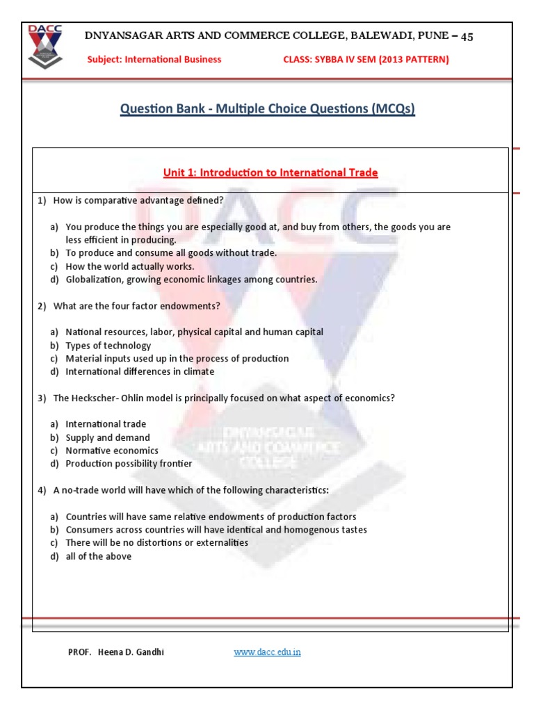 Bank - Multiple Choice Questions (MCQS) : Unit 1: To International ...