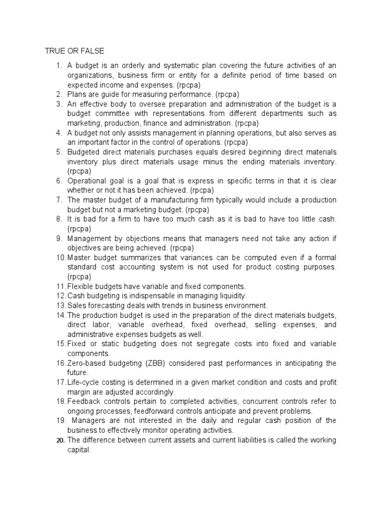 True or False | PDF | Budget | Inventory