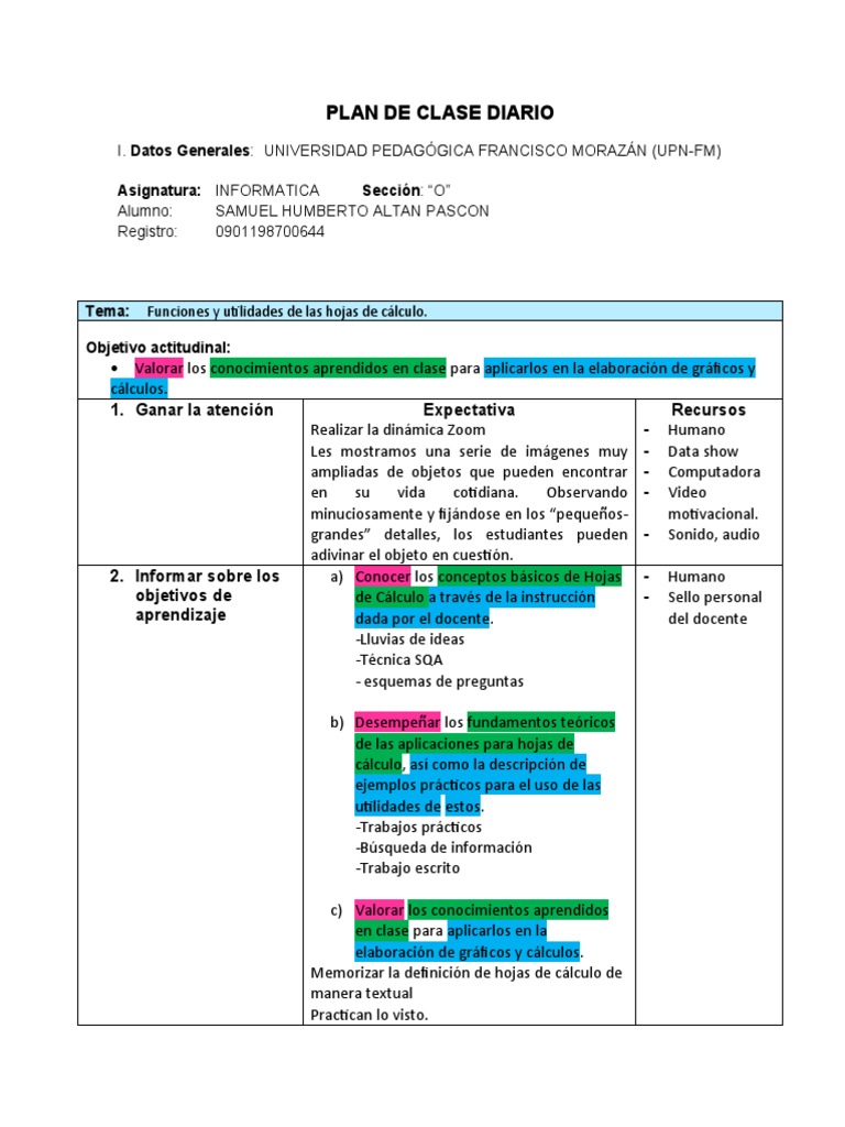 Plan de Clase Diario | PDF | Hoja de cálculo | Microsoft Excel