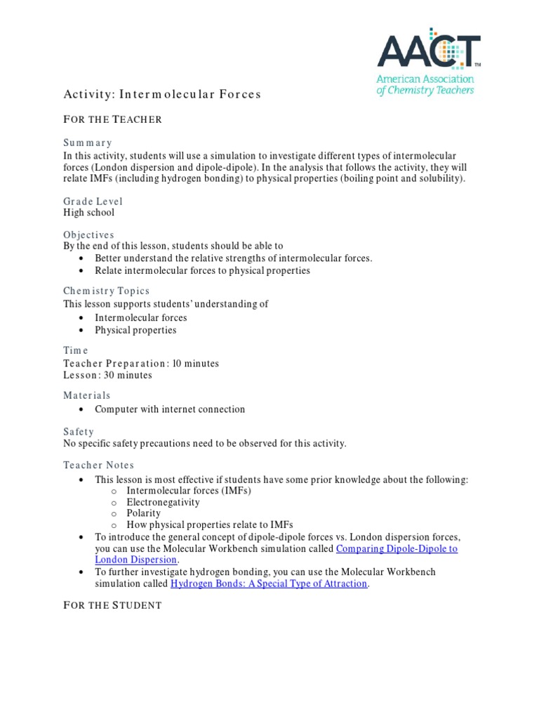 Intermolecular Forces Activity | PDF | Chemical Polarity ...