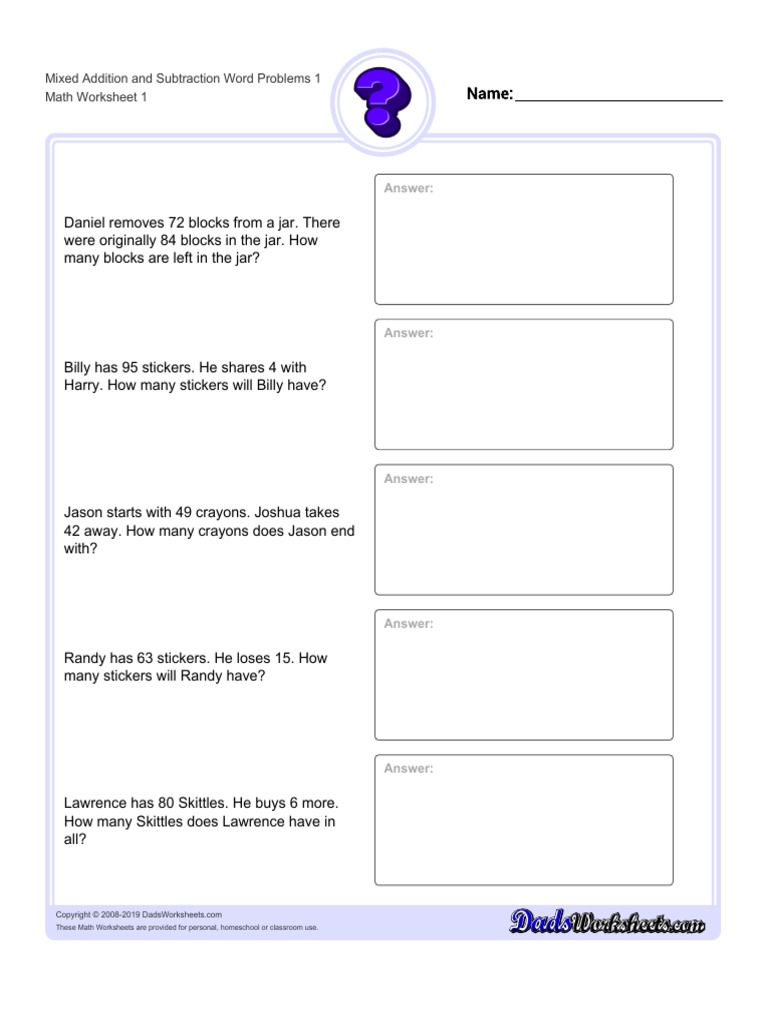 Mixed Add Subtract Word Problems One v1 | PDF
