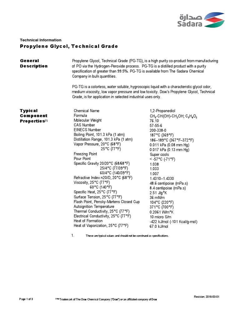 Propylene Glycol Technical Grade PGT | PDF | Chemistry | Physical Sciences