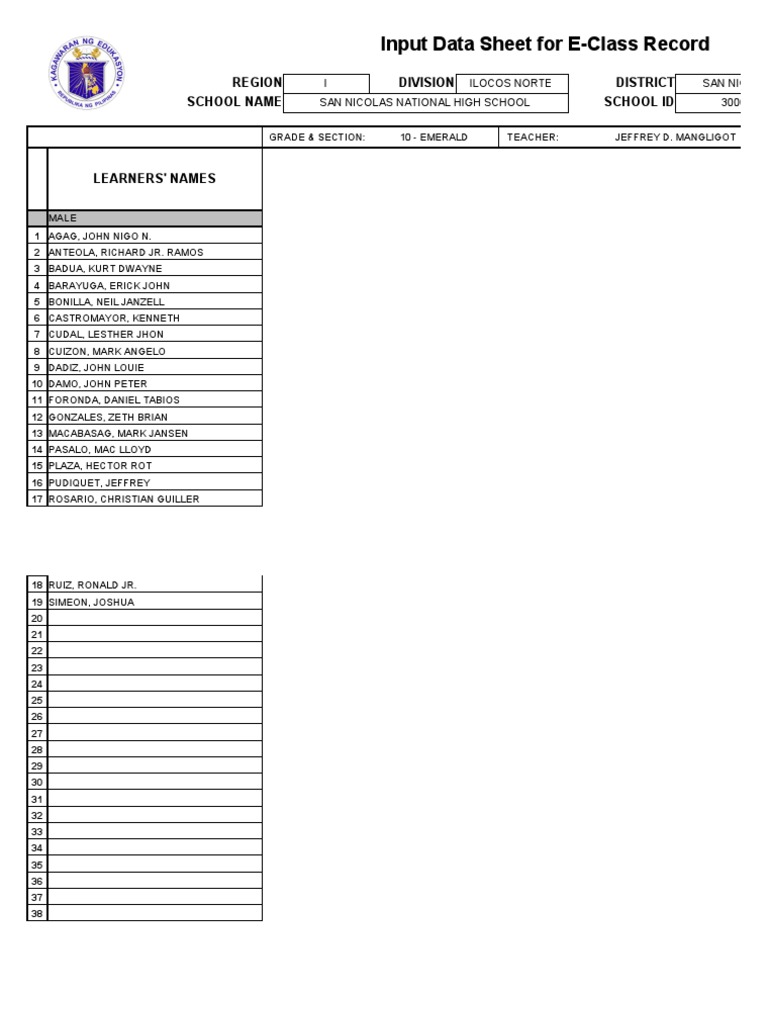 Input Data Sheet For E-Class Record: Region Division District School Name School Id | PDF ...