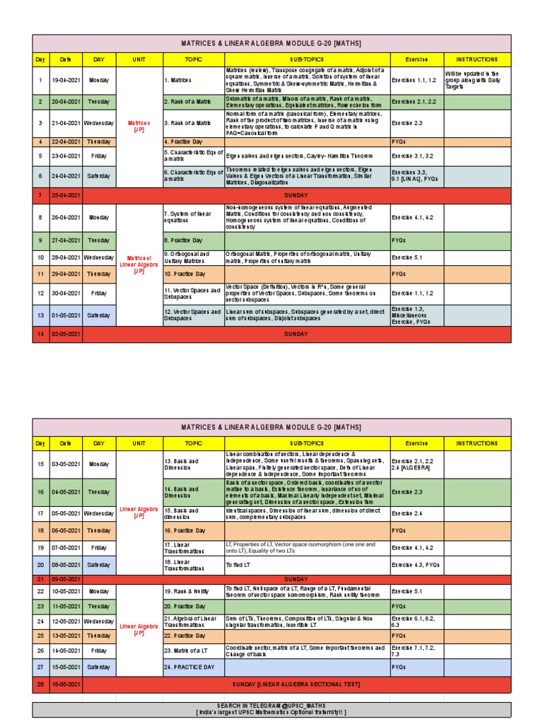 Matrices & Linear Algebra Module G-20 (Maths) : Day Date DAY Unit Topic ...