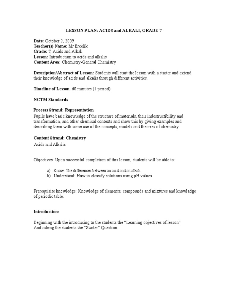 Chemistry Grade 7 Lesson Plan | PDF | Lesson Plan | Ph