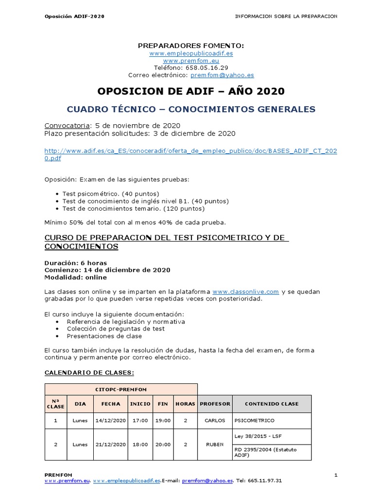 ADIF-2020 CUADRO - SOLO CONOCIMIENTOS GENERALES - pUBLICAR | PDF | Business