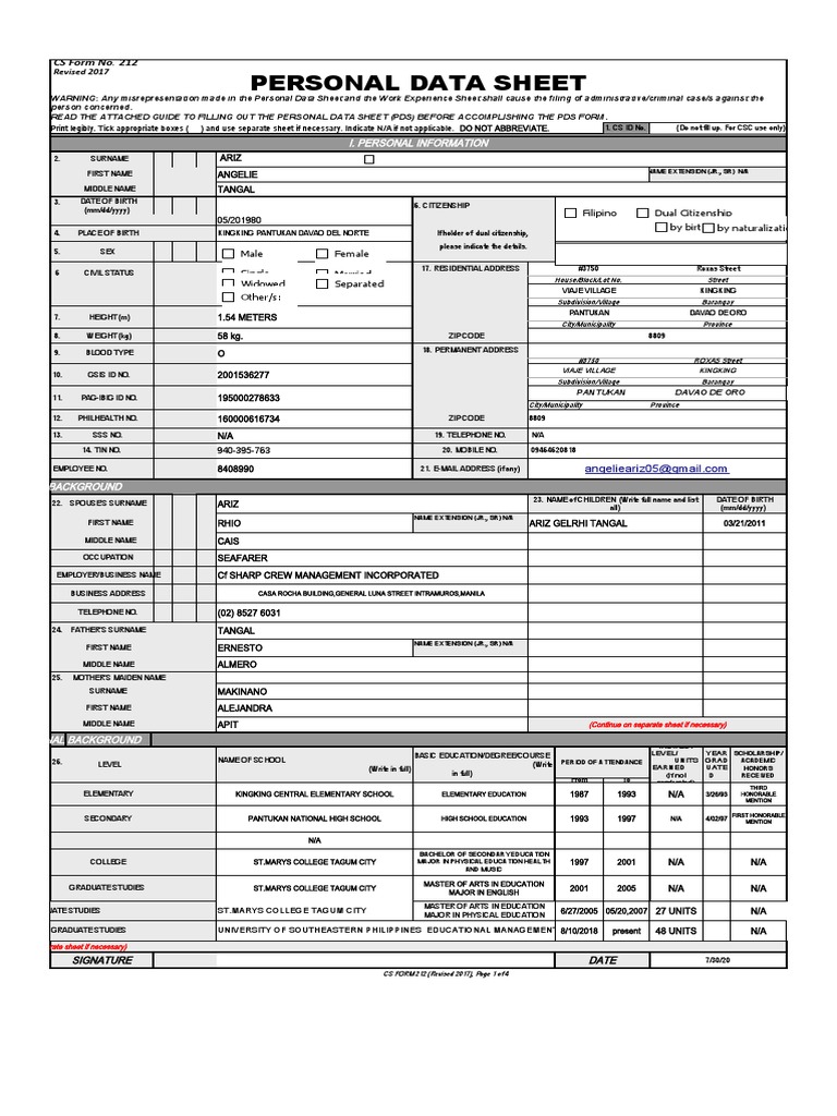 Personal Data Sheet: CS Form No. 212 | PDF