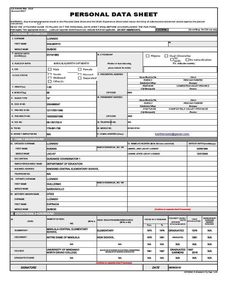 CS Form No. 212 Revised Personal Data Sheet - New | PDF | Fraternities ...