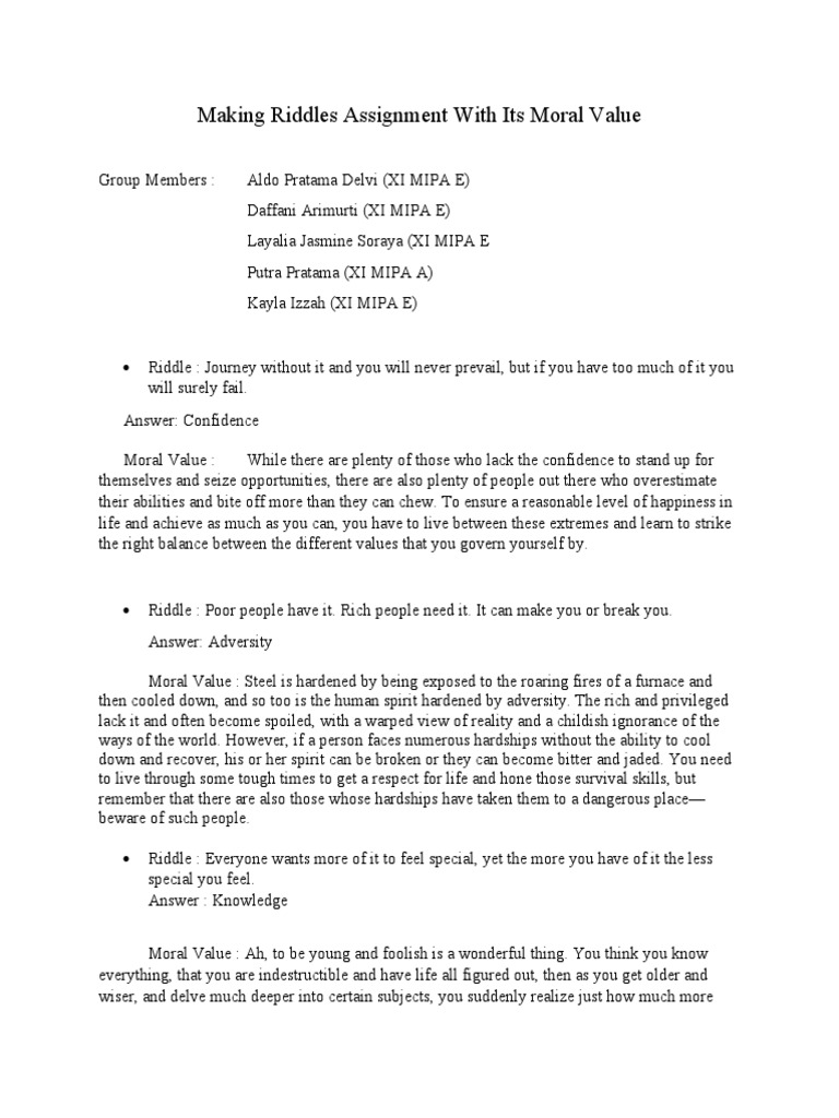 Making Riddles Assignment With Its Moral Value | PDF | Privacy