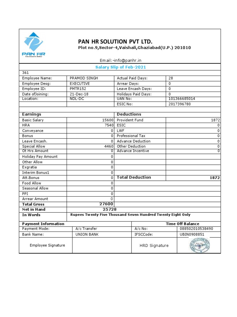 February 2021 salary slip for Pramod Singh, an executive at PAN HR ...