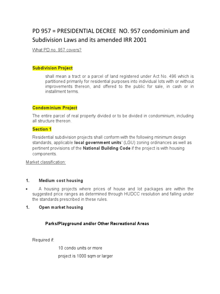 PD 957 PRESIDENTIAL DECREE NO. 957 Condominium and Subdivision Laws and ...
