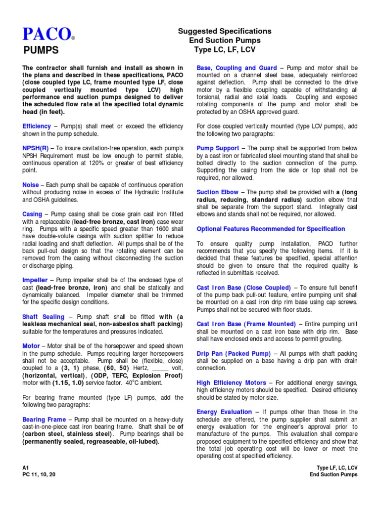 Pumps: Suggested Specifications End Suction Pumps Type LC, LF, LCV ...