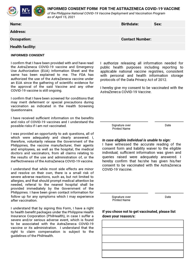 Informed Consent Form For The Astrazeneca Covid-19 Vaccine | Download ...