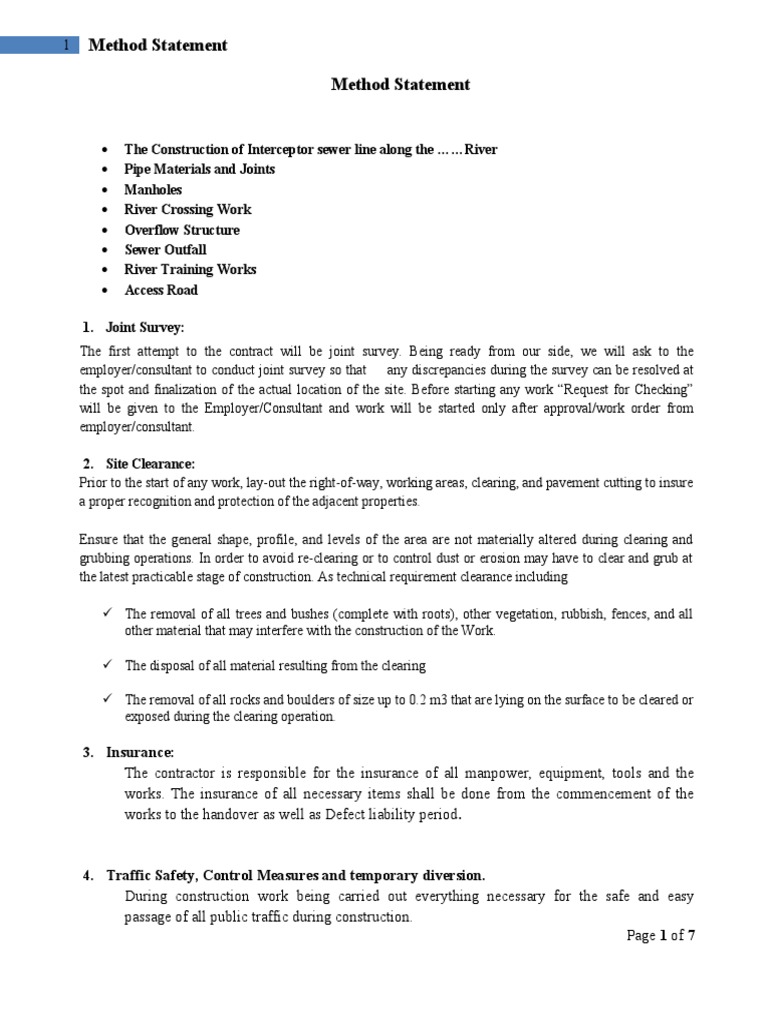 Method Statement for Sewer Line Construction | PDF | Road | Concrete