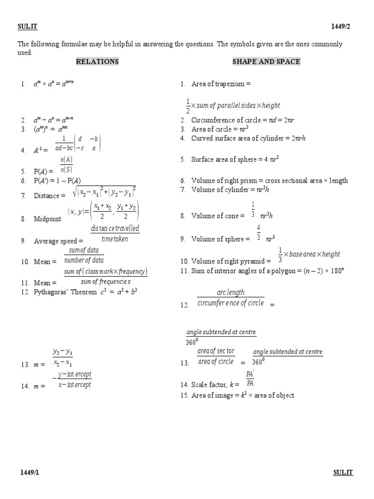 Formula Maths SPM | PDF | Area | Circle