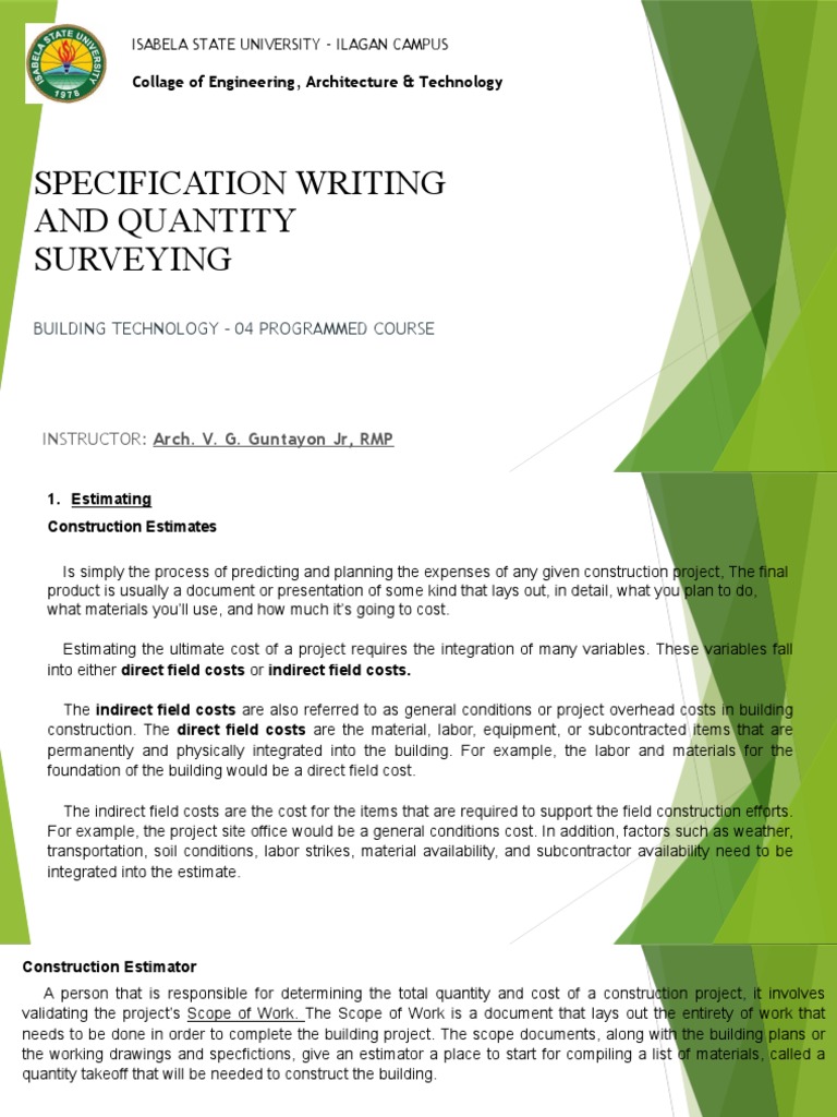 Specification Writing and Quantity Surveying: Collage of Engineering ...