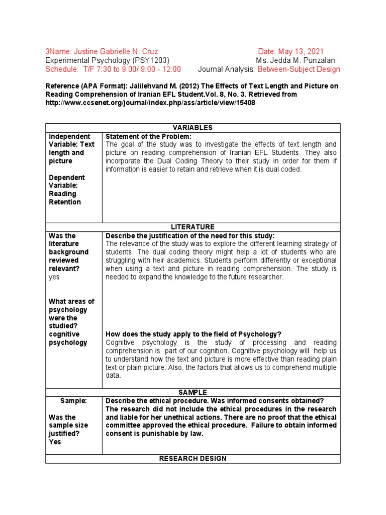 Format of Journal Analysis 1 | PDF | Reading Comprehension | Experiment