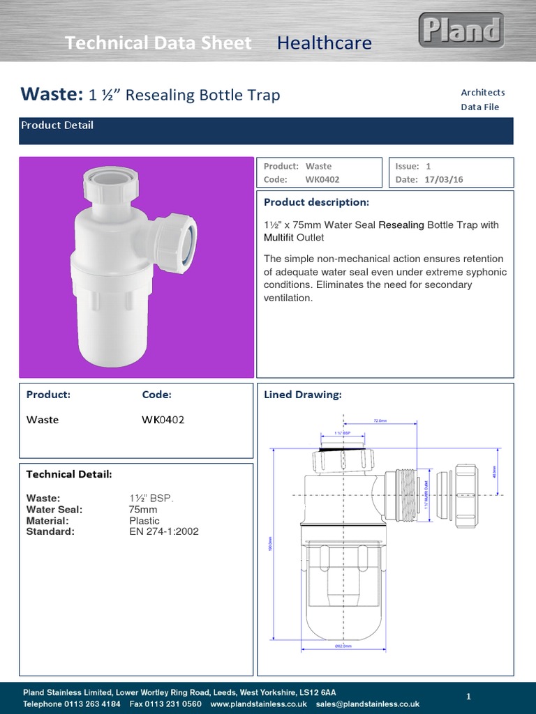 BSP Bottle Trap Data Sheet WK0402 | PDF | Sink | Stainless Steel