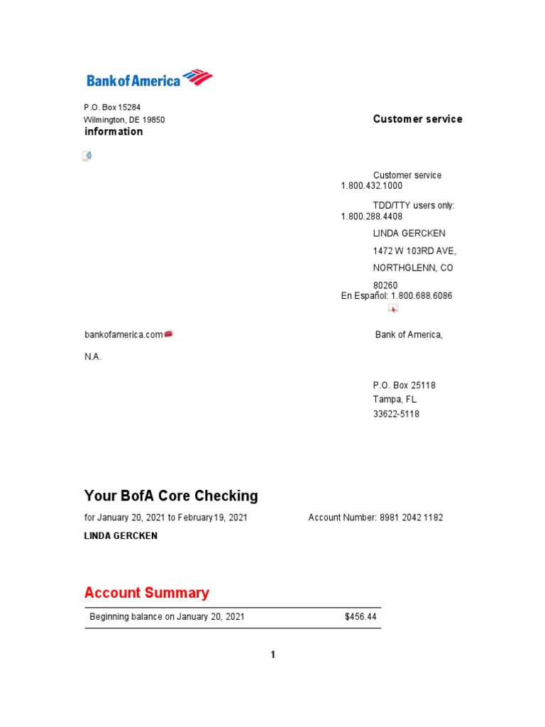 Bank of America Core Checking Summary | PDF