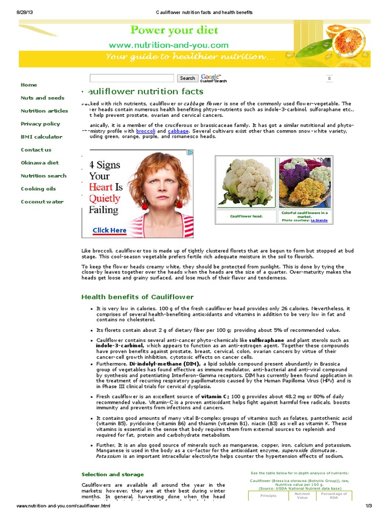 Cauliflower Nutrition Facts and Health Benefits | PDF | Cauliflower ...