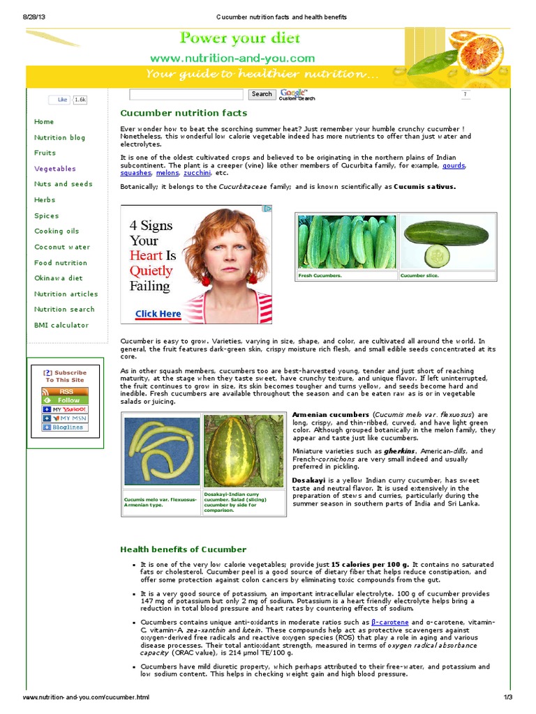 Cucumber Nutrition Facts and Health Benefits | PDF | Cucumber | Pickled ...