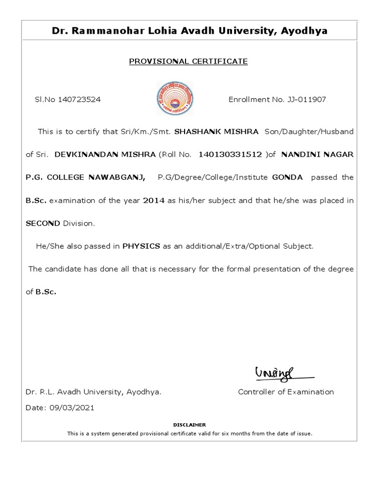 Dr. Rammanohar Lohia Avadh University, Ayodhya: Provisional Certificate ...