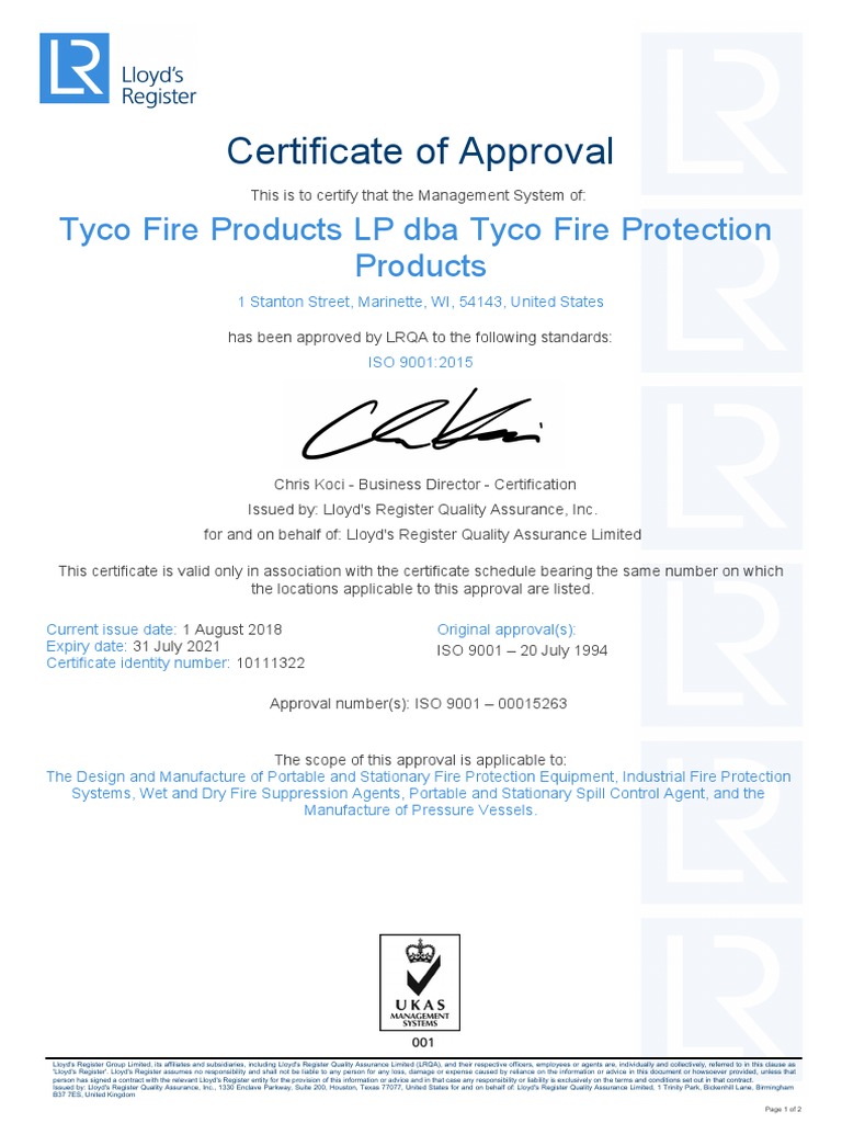 ISO 9000-2015 Tyco Fire Products LP Dba Tyco Fire Protection Products 00015263-QMS-ENGUS-UKAS ...