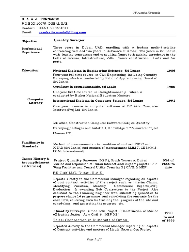 Asanka Fernando Quantity Surveyor | PDF | Liquefied Natural Gas ...