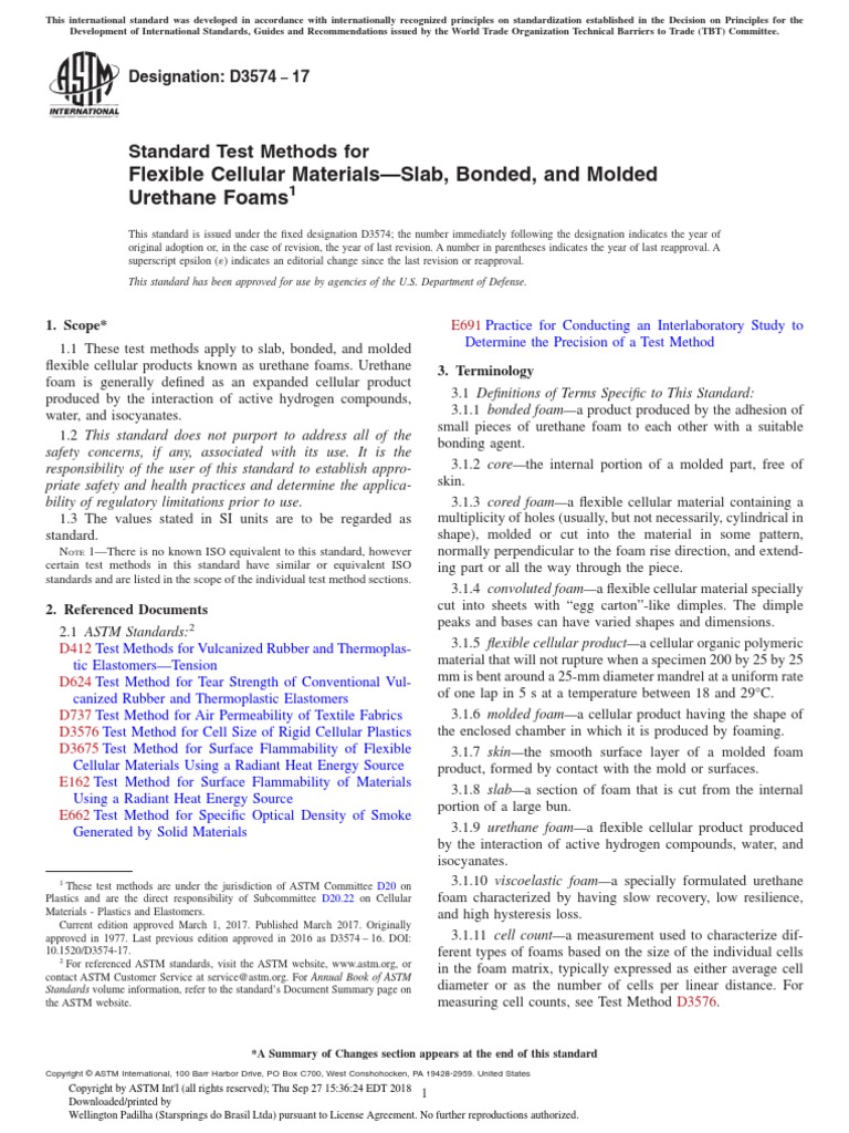 ASTM - D3574-17 - Espumas | PDF | Polyurethane | Density