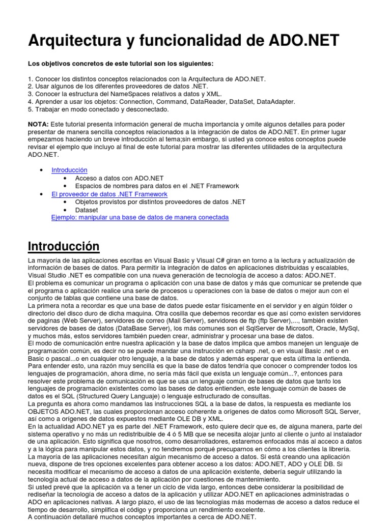 Arquitectura y Funcionalidad de ADO NET | PDF | Active X Data Objects | .NET Framework