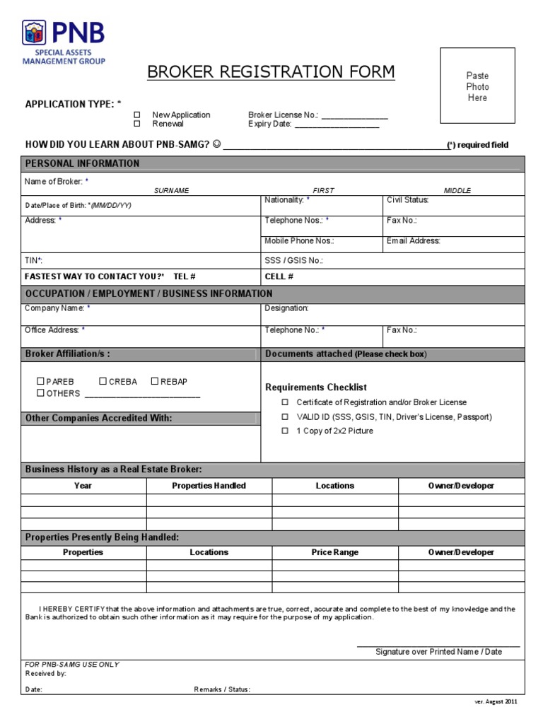 Broker Registration Form: ( ) Required Field | PDF | Real Estate Broker ...
