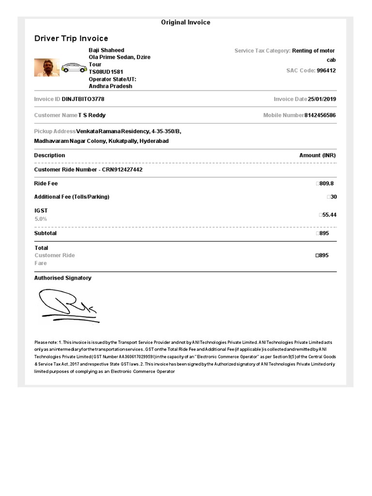 Driver Trip Invoice: Service Tax Category | PDF | Payments | Transport
