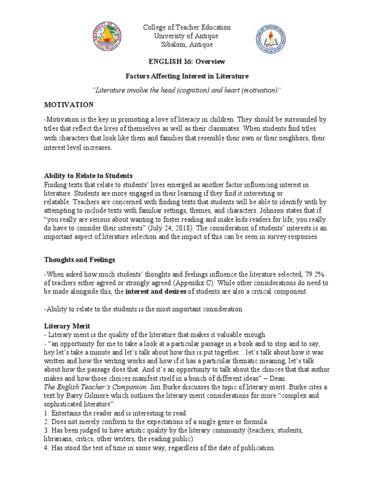 ENGLISH 16: Overview Factors Affecting Interest in Literature | PDF ...