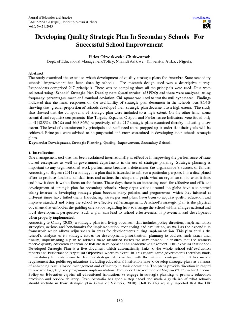 Developing Quality Strategic Plan in Secondary Schools For Successful ...