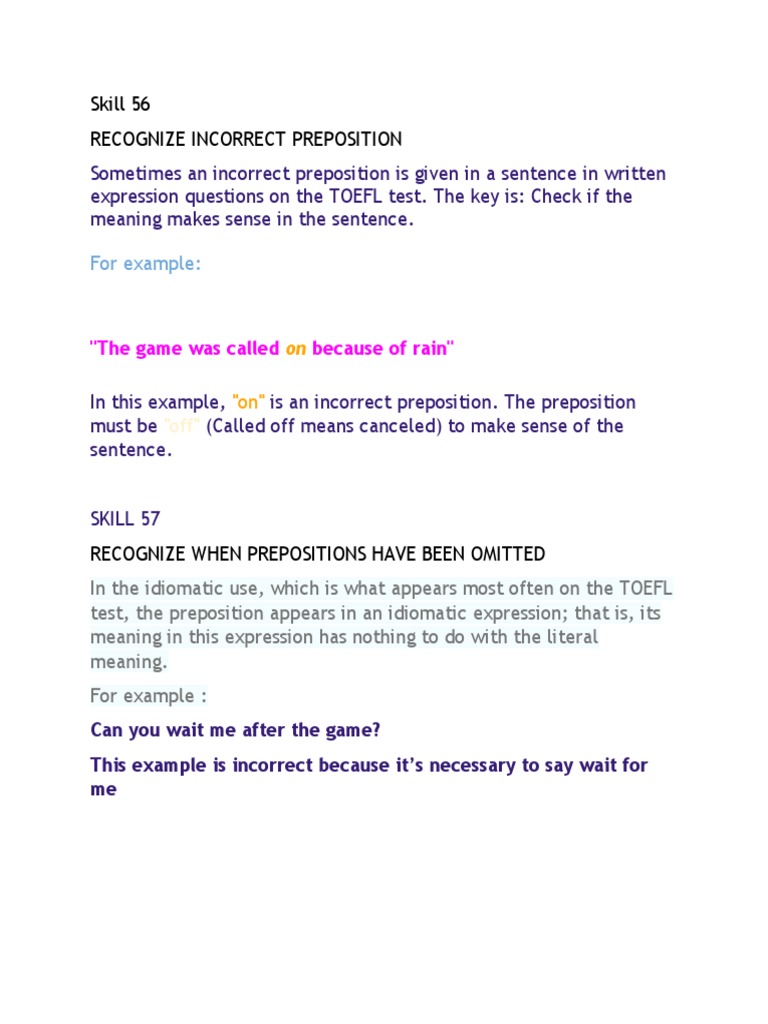 Skill 56 Recognize Incorrect Preposition: For Example | PDF