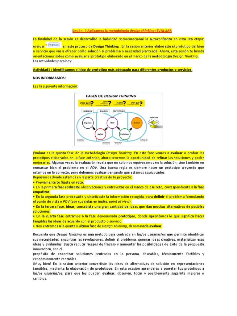 Sesión 9..... Aplicamos La Metodología Design Thinking EVALUAR | PDF | Prototipo | Evaluación
