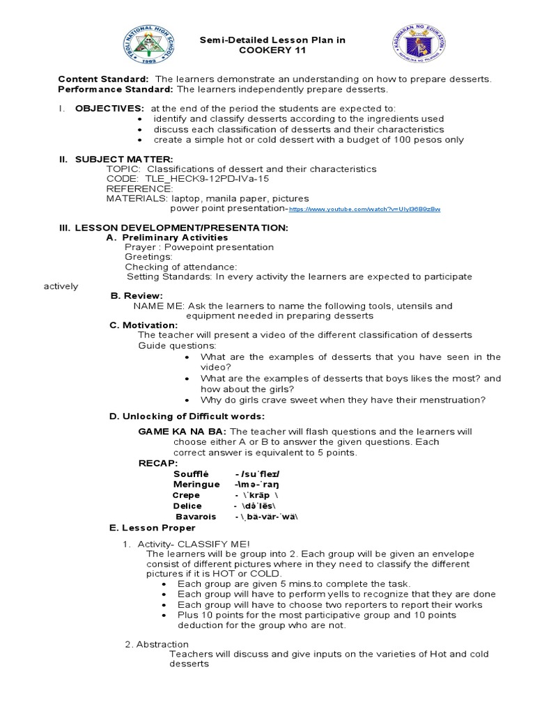 Lesson Plan in Cookery-Dessert | PDF | Lesson Plan | Desserts