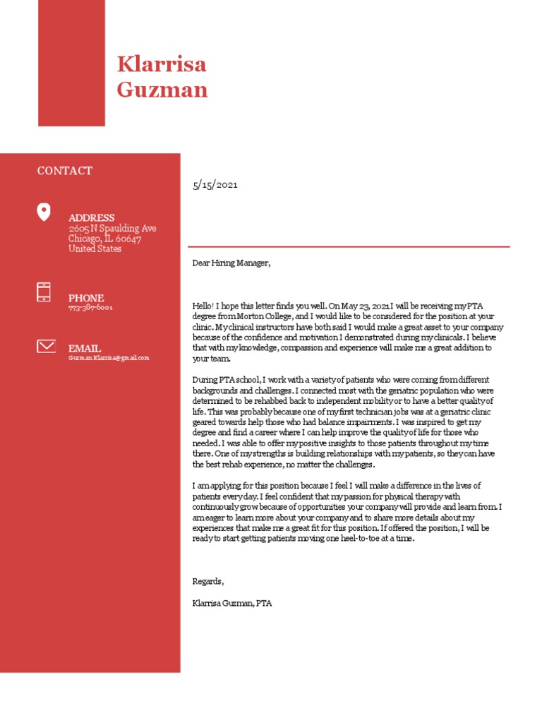Cover Letter Pta 2 | PDF | Physical Therapy | Applied Psychology