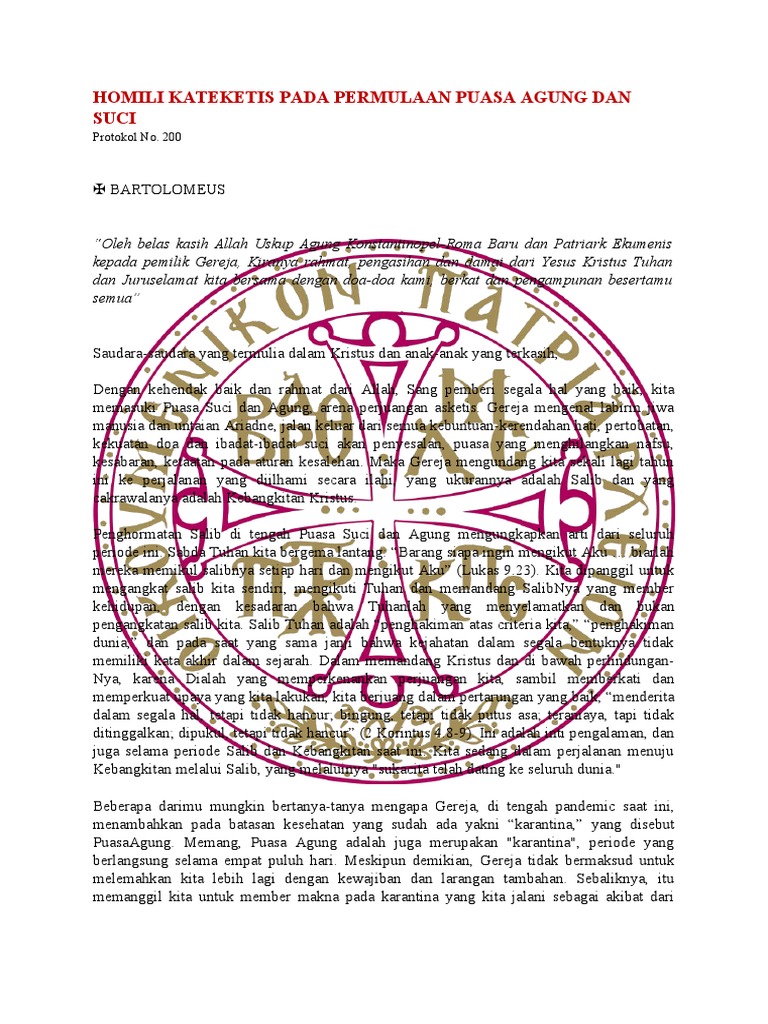 Homili Kateketis Pada Permulaan Puasa Agung | PDF | Filsafat | Agama ...
