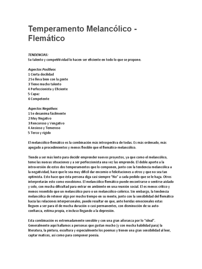 Temperamento Melancólico - Flematico | PDF | Temperamento | La ...